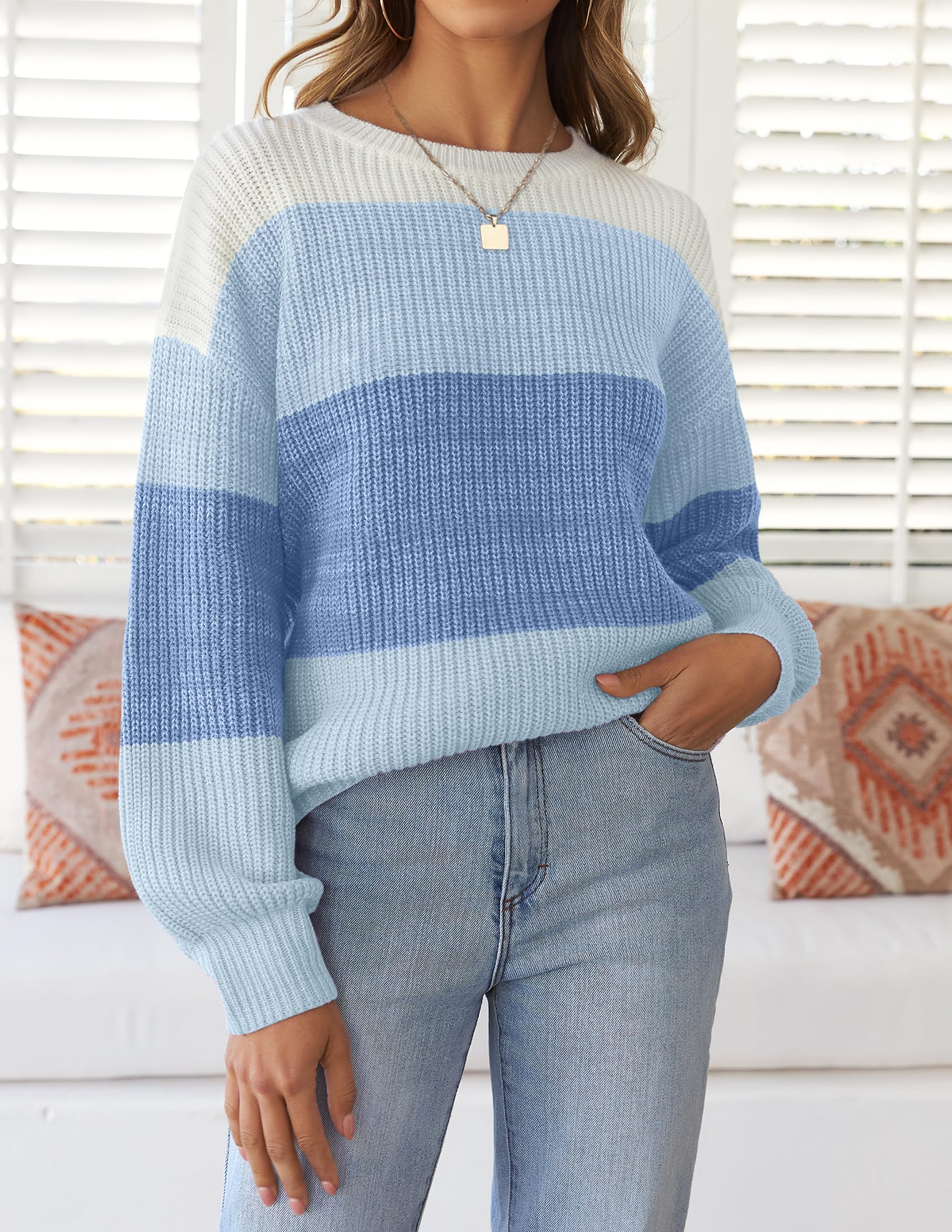 ZESICA Women's Casual Fall Long Sleeve Crew Neck Striped Color Block Loose Fit Soft Knit Oversized Sweaters Pullover Tops,Blue,Large