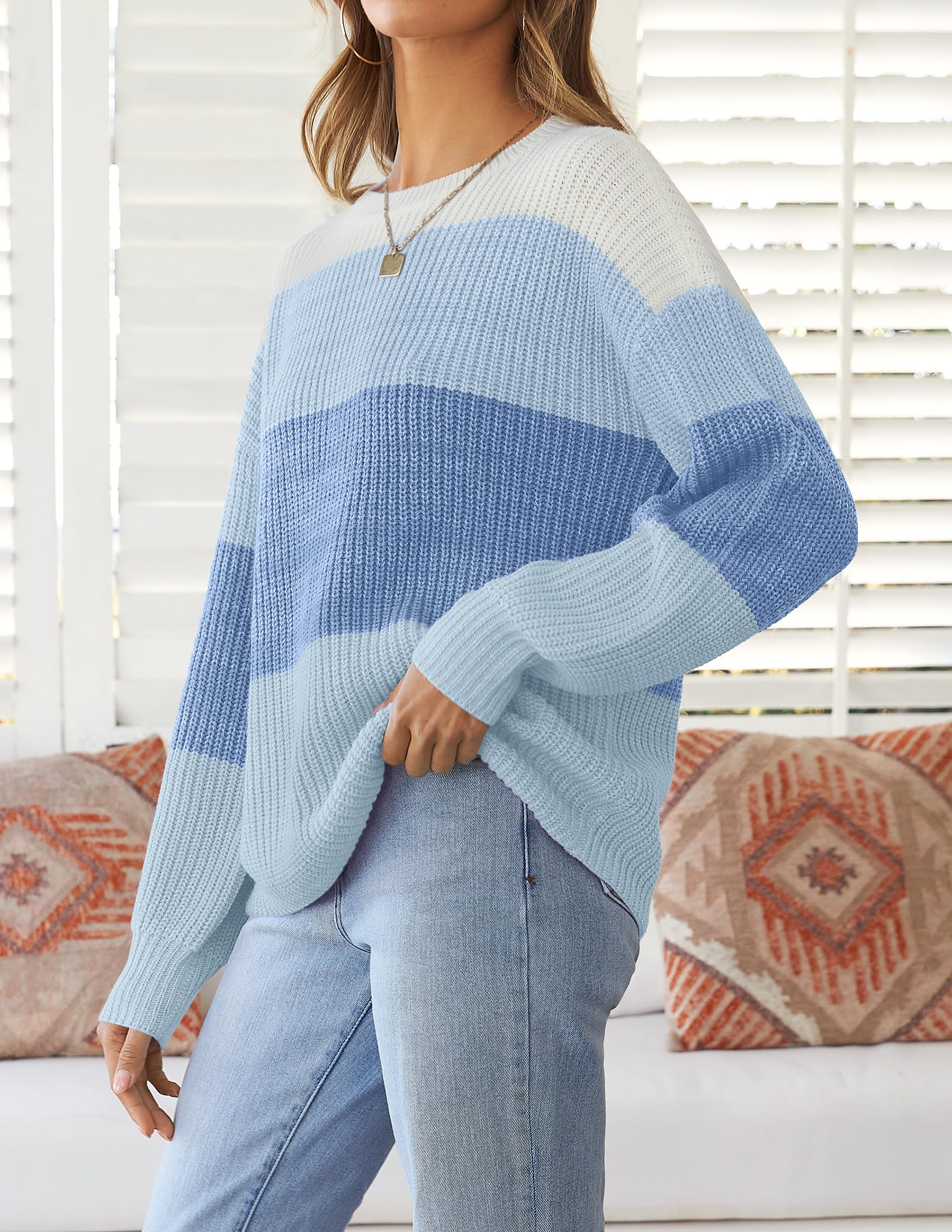 ZESICA Women's Casual Fall Long Sleeve Crew Neck Striped Color Block Loose Fit Soft Knit Oversized Sweaters Pullover Tops,Blue,Large