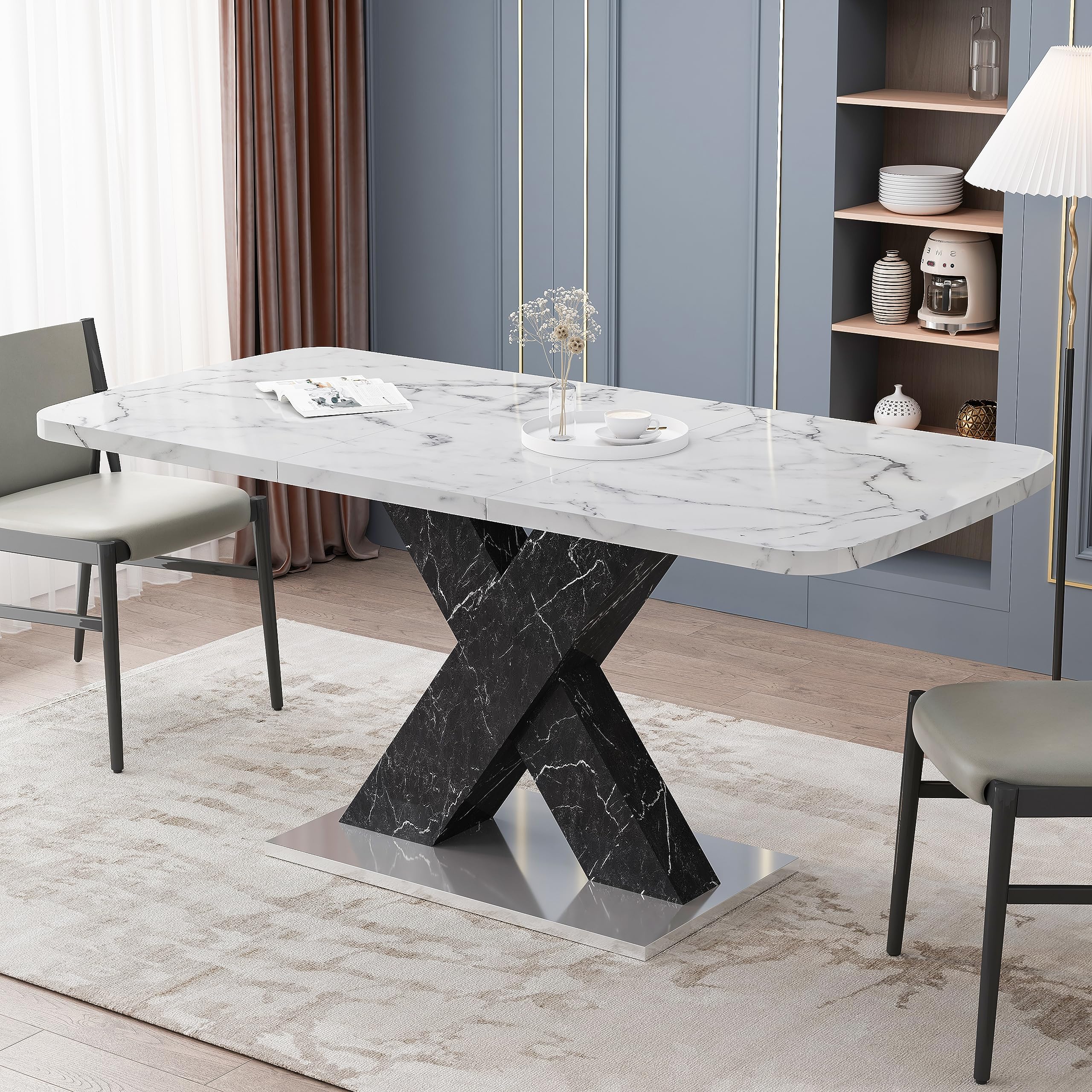 Mcltopz Extendable Marble Dining Table, Marble Dining Table for 4-6, Expandable Dining Table with White Faux Marble Top and X Crossed Pedestal Base, Rectangular Kitchen Table for Dining Room Kitchen