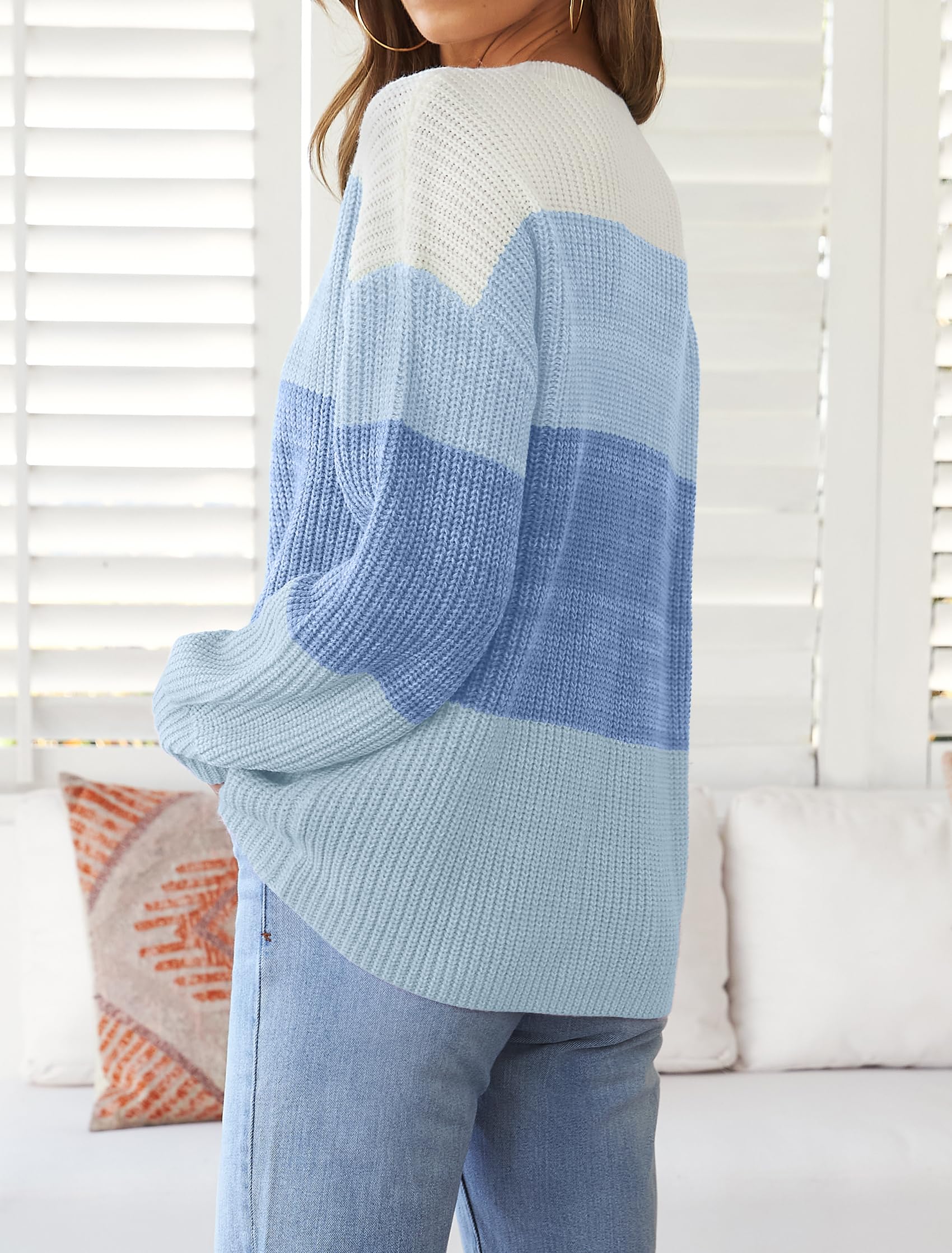 ZESICA Women's Casual Fall Long Sleeve Crew Neck Striped Color Block Loose Fit Soft Knit Oversized Sweaters Pullover Tops,Blue,Large