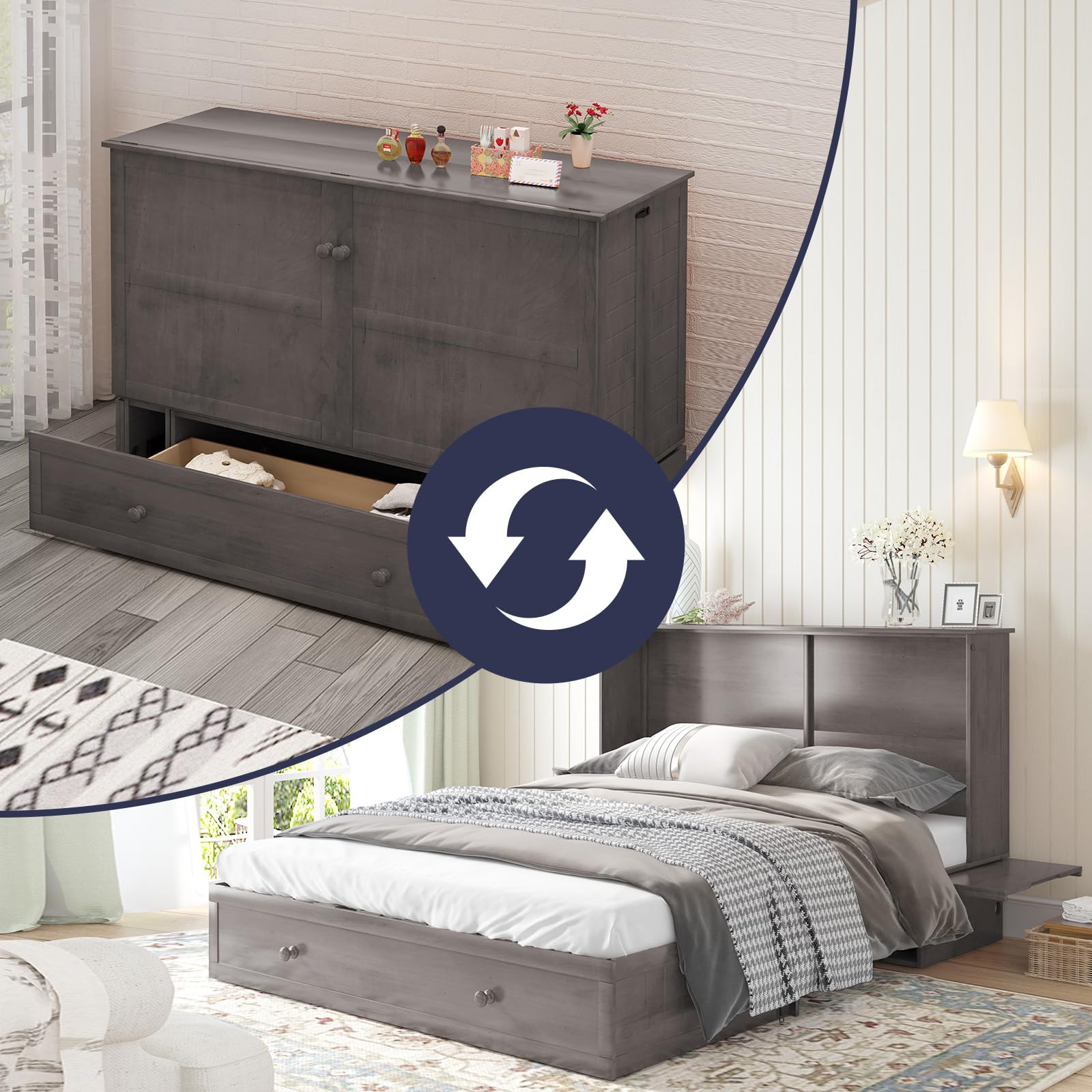 ijuicy Cube Murphy Bed Queen, Murphy Cabinet Chest Bed with Charging Station & 3 Level Foldable Memory Foam Mattress & & Large Drawer for Guests Room (Poplar Grey)