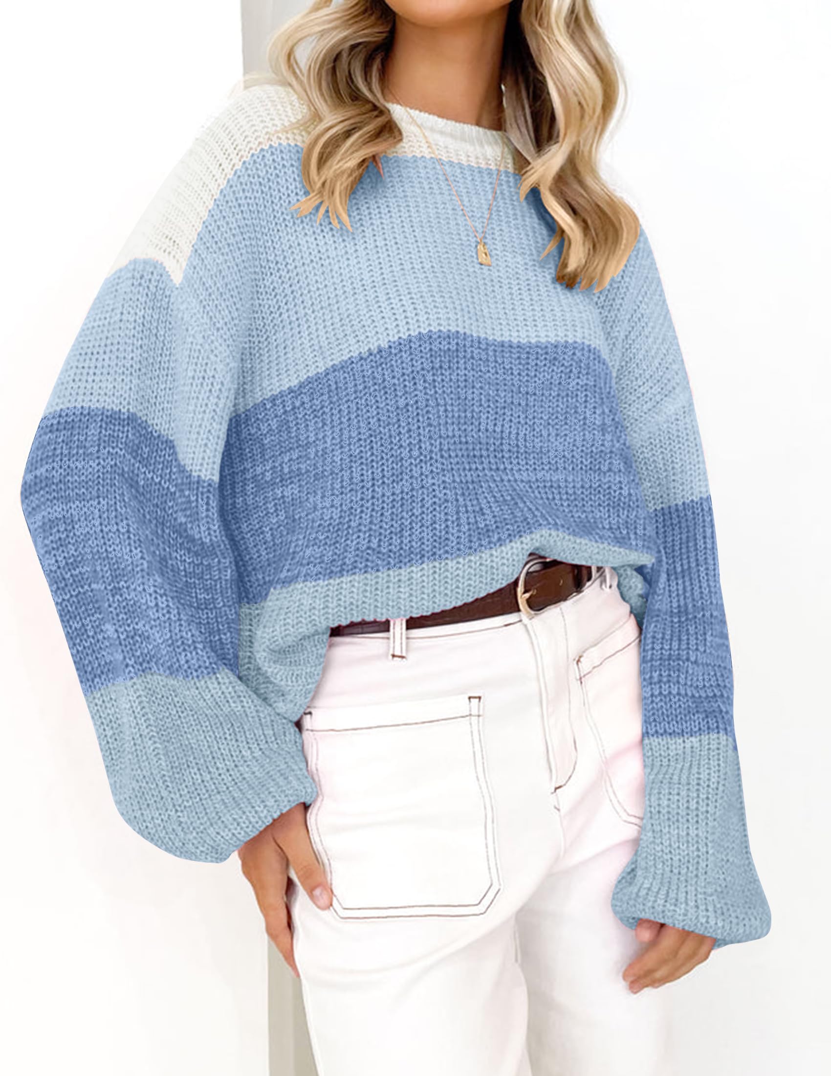 ZESICA Women's Casual Fall Long Sleeve Crew Neck Striped Color Block Loose Fit Soft Knit Oversized Sweaters Pullover Tops,Blue,Large