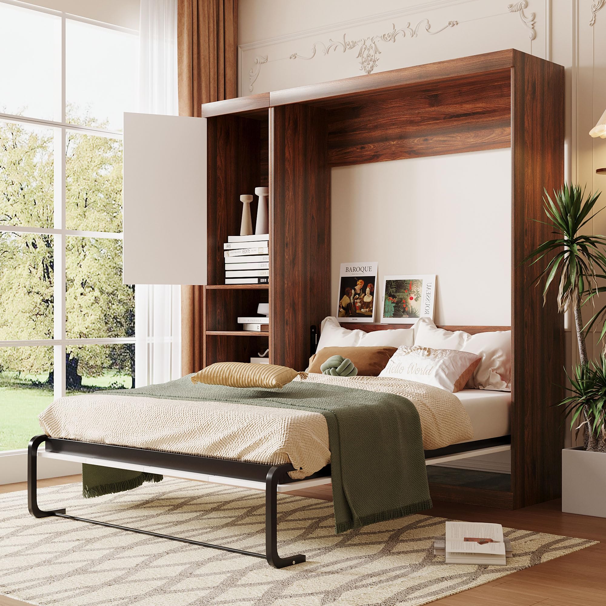 LZ LEISURE ZONE Full Size Murphy Bed, Wood Wall Bed Full Murphy Cabinet Bed with Drawers and Shelves, White+Wood