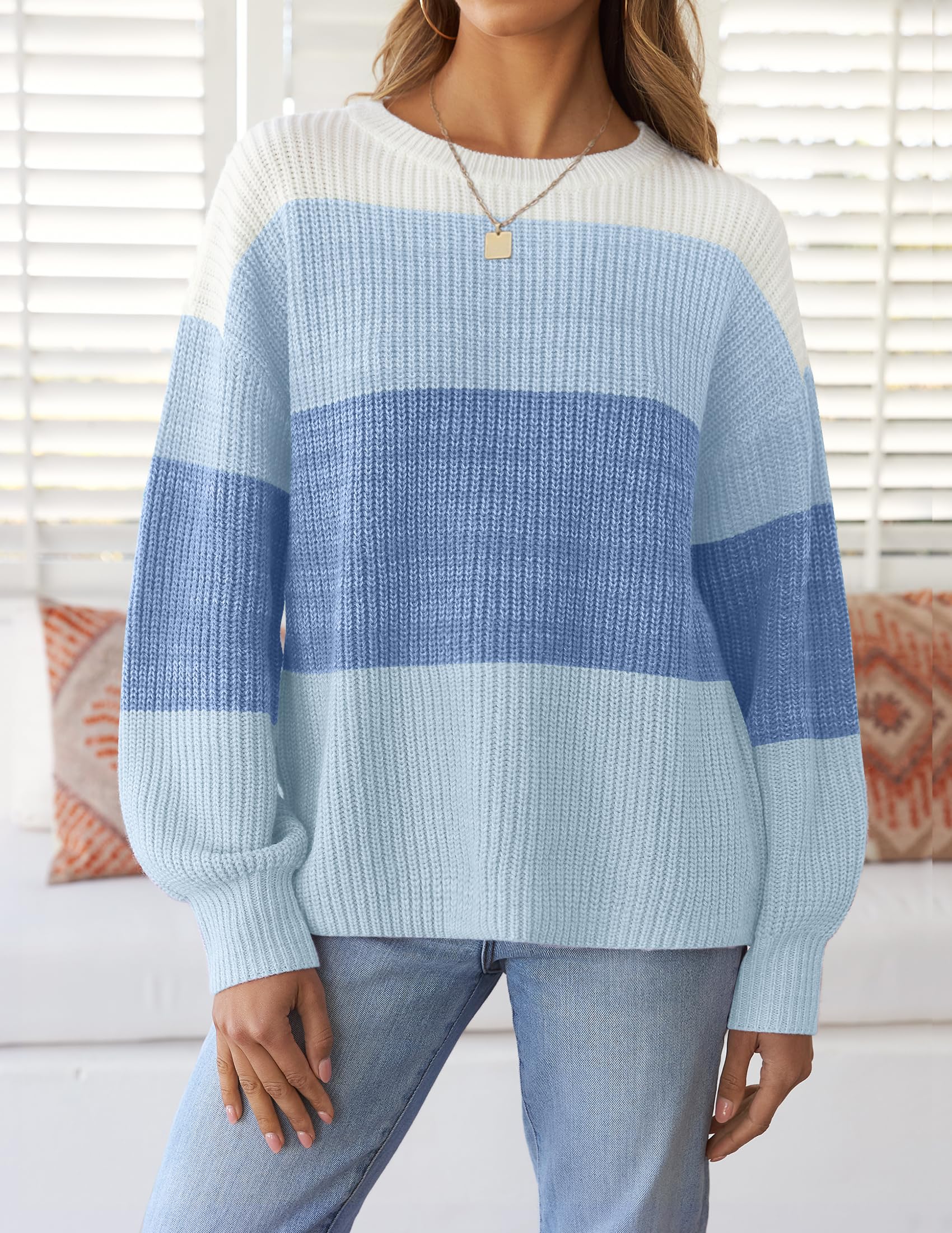 ZESICA Women's Casual Fall Long Sleeve Crew Neck Striped Color Block Loose Fit Soft Knit Oversized Sweaters Pullover Tops,Blue,Large
