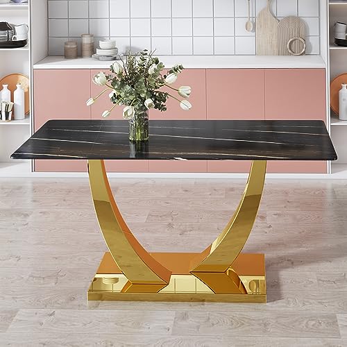 Maotifeys Luxury Black Faux Marble Dining Table Set for 6, Modern Kitchen Table with 6 Black Leather Dining Chairs 7-Piece Dining Table and Chairs for 6 with Polished Gold Metal Legs