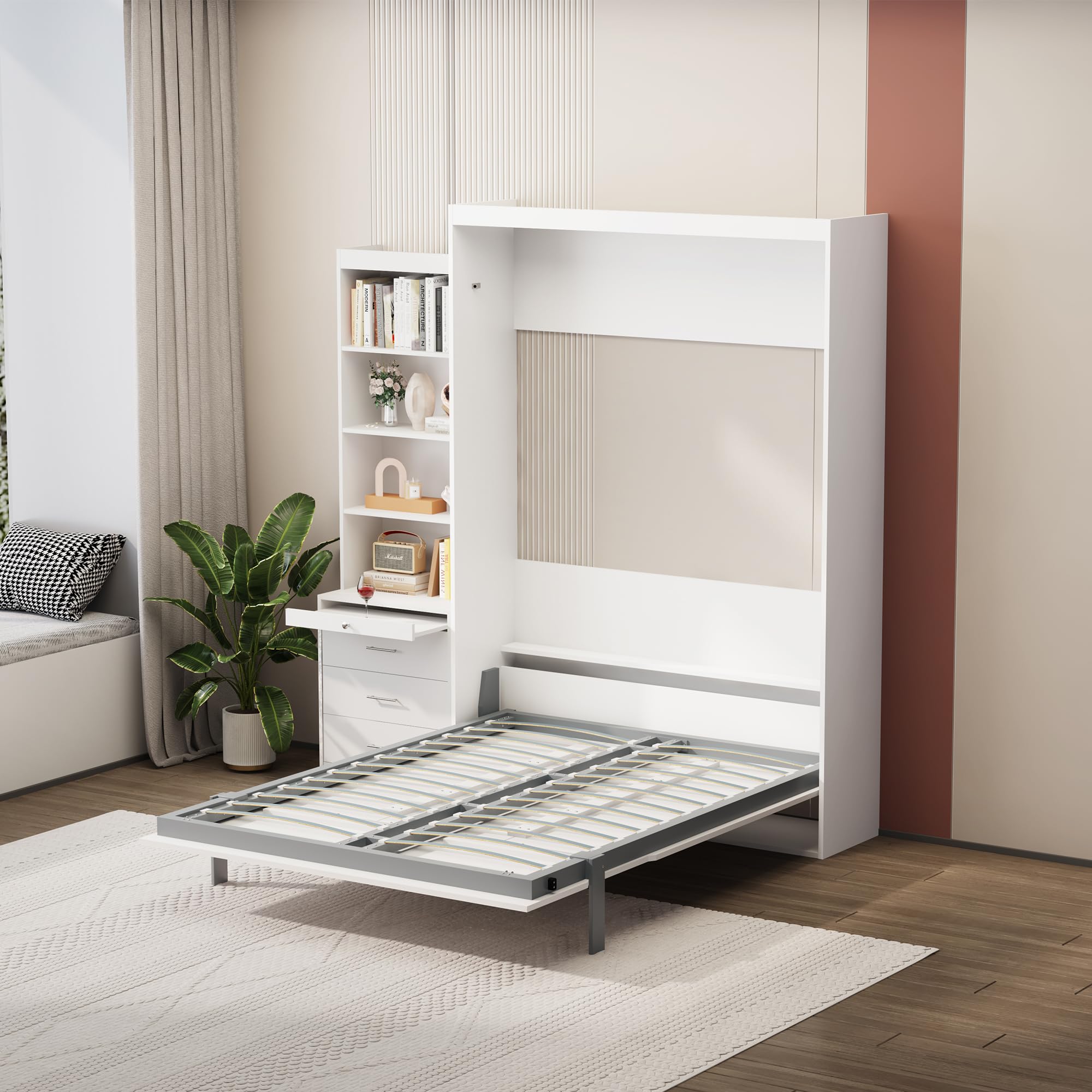 Oudiec Mordern Full Size Vertical Murphy Bed with Drawers&Shelf,Muti Functional Cabinet Bed&Wood Hidden Bed w Gas Struts,or Bedroom, Office, Guestroom, Space Saving Design, White