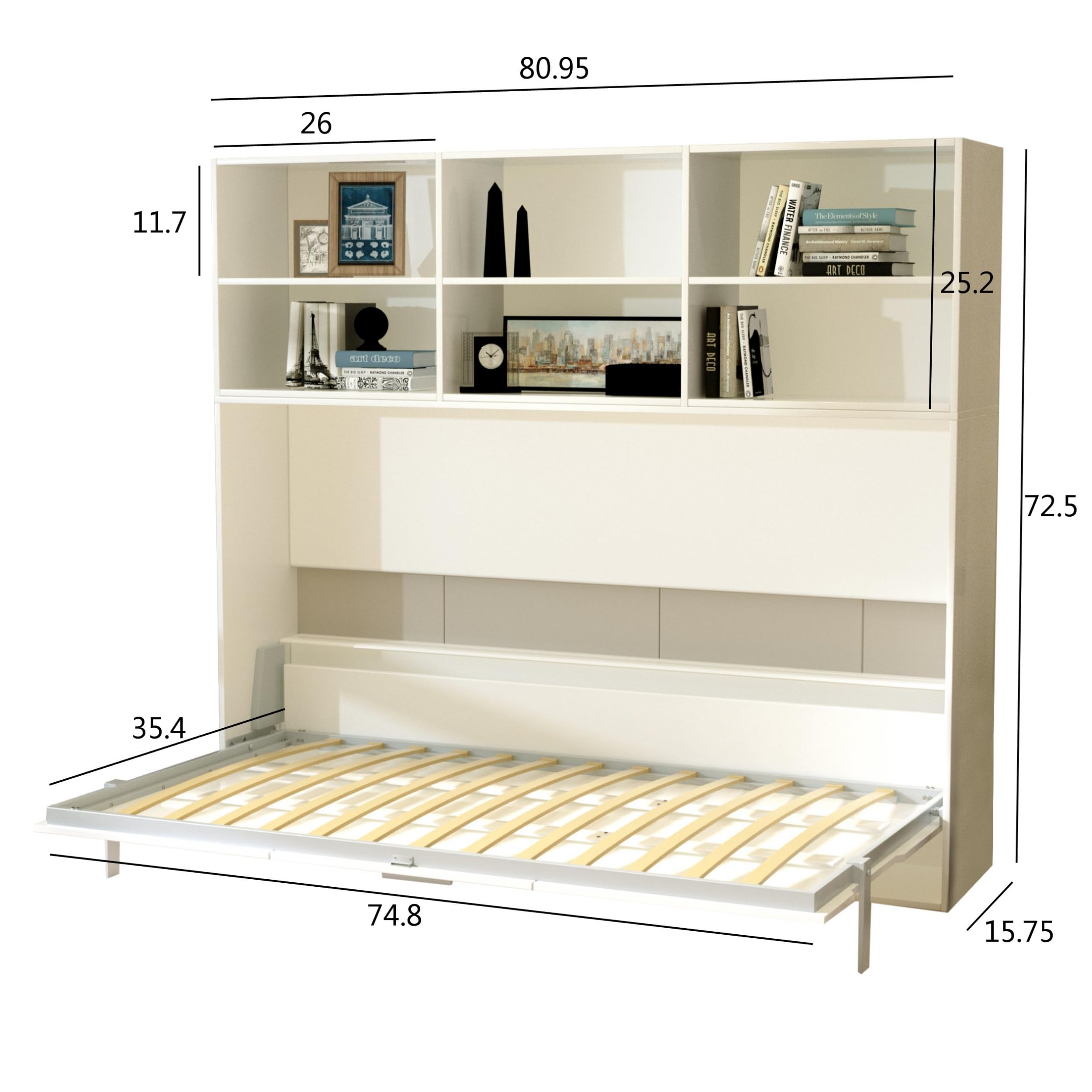 HusicLife Twin Size Horizontal Murphy Bed with Shelf Storage, Hidden Bed Gas Struts, Foldable Wall Bed for Small Spaces Apartments Studio Guest Room, White