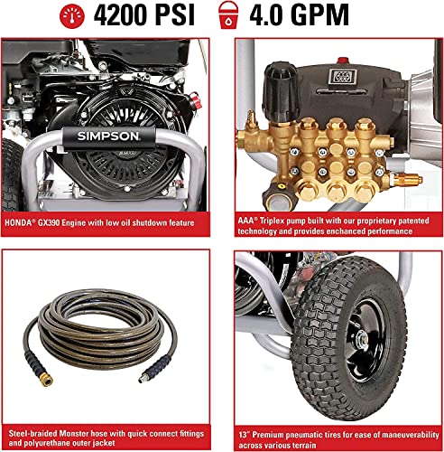 SIMPSON Cleaning PS4240 PowerShot 4200 PSI Gas Pressure Washer, 4.0 GPM, Honda GX390 Engine, Includes Spray Gun, 5 QC Nozzle Tips, 3/8-inch x 50-foot Monster Hose, (49-State)