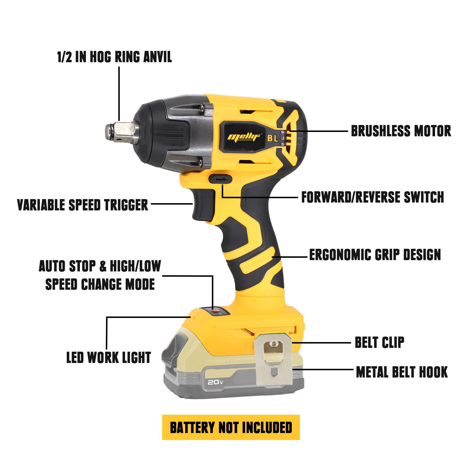 WITLIGHT Cordless Impact Wrench, Compatible w/ 20V Max Battery (NOT Included), Mellif 1/2" High Torque (258Ft.lbs/350N.m) Brushless Impact Driver 3 Speeds & Memory Mode & LED light, Yellow