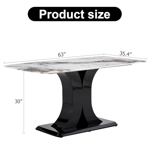 63" Glass Dining Table with White Imitation Marble Top, Kitchen Table for 4 or 6, Modern Dinner Tables with Black MDF Base, Large Dining Room Table for Dining Room/Kitchen, Easy Assembly