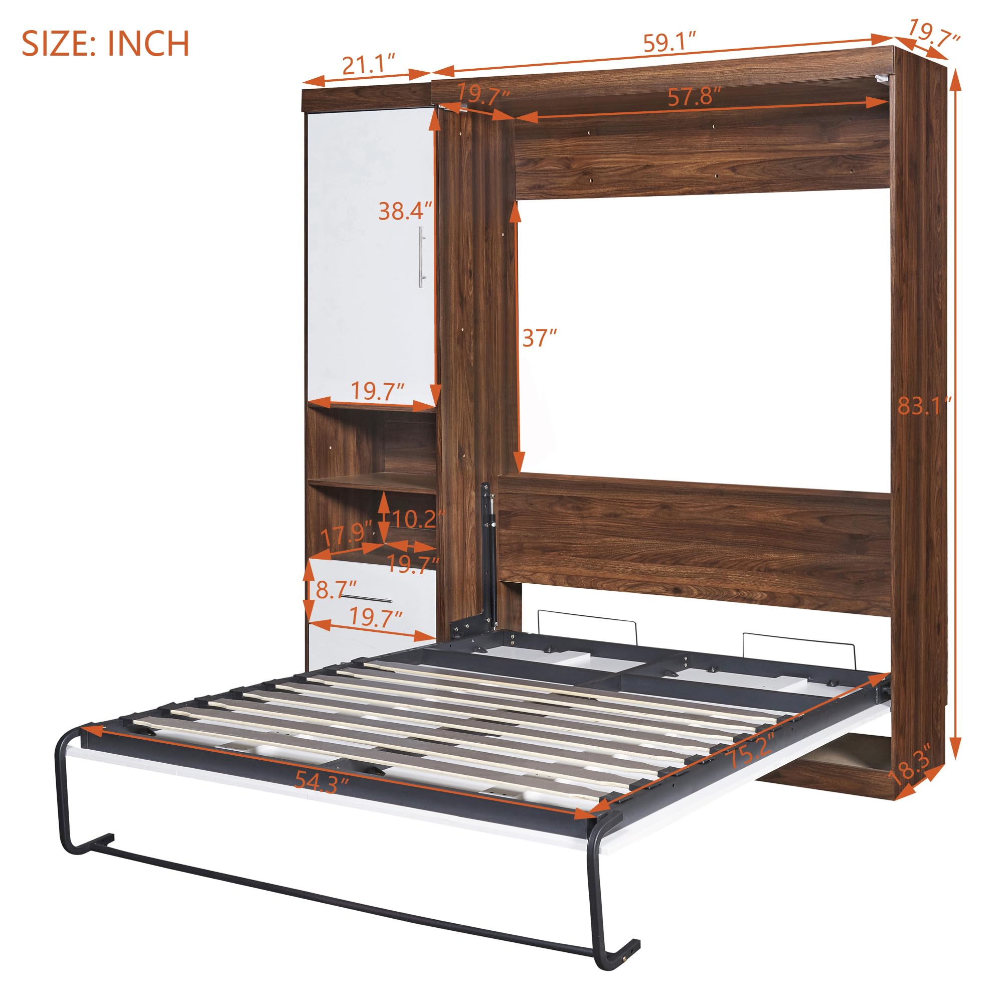 LZ LEISURE ZONE Full Size Murphy Bed, Wood Wall Bed Full Murphy Cabinet Bed with Drawers and Shelves, White+Wood