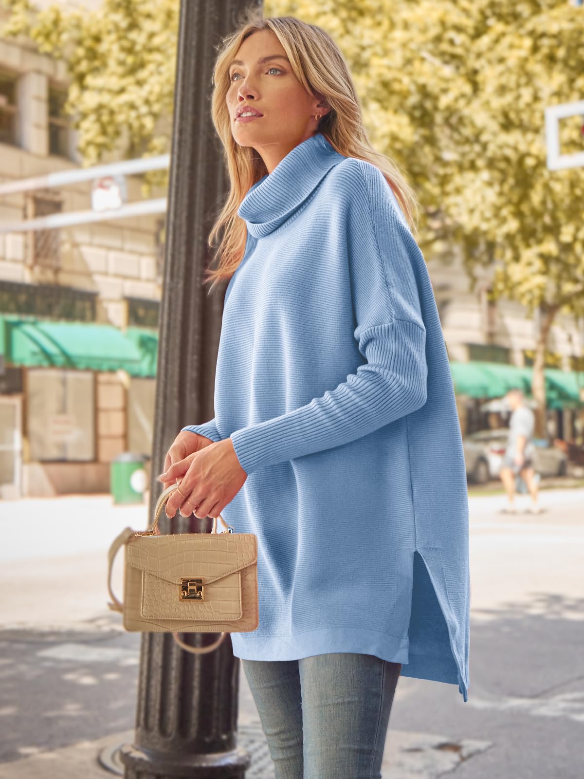 LILLUSORY Oversized Turtleneck Pullover Sweaters Womens 2024 Long Tunic Sweater Winter Trendy Casual Poncho Cowl Neck Cute Tops Dress Fall Fashion Clothes Outfits Clothing Light Blue