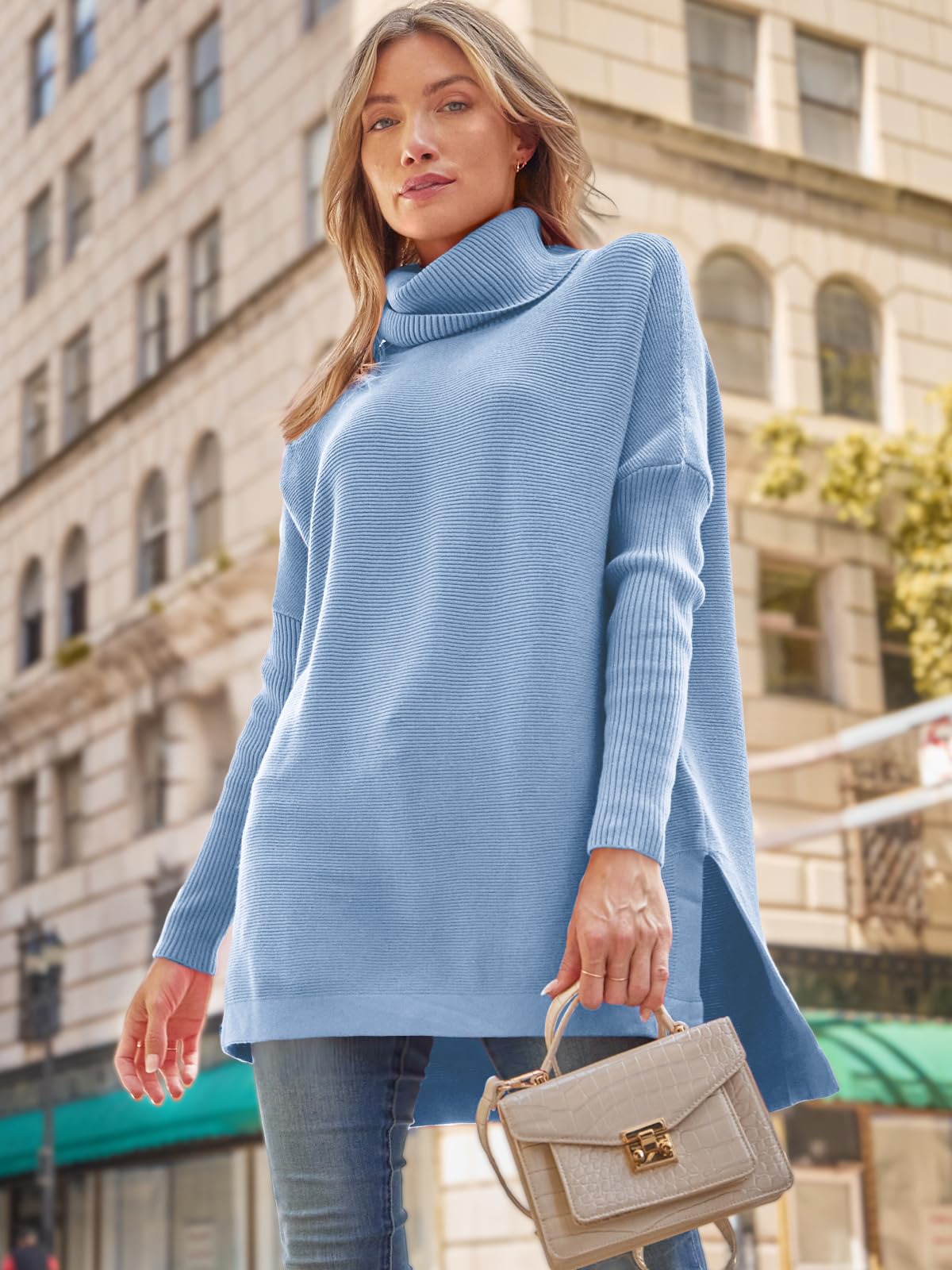 LILLUSORY Oversized Turtleneck Pullover Sweaters Womens 2024 Long Tunic Sweater Winter Trendy Casual Poncho Cowl Neck Cute Tops Dress Fall Fashion Clothes Outfits Clothing Light Blue