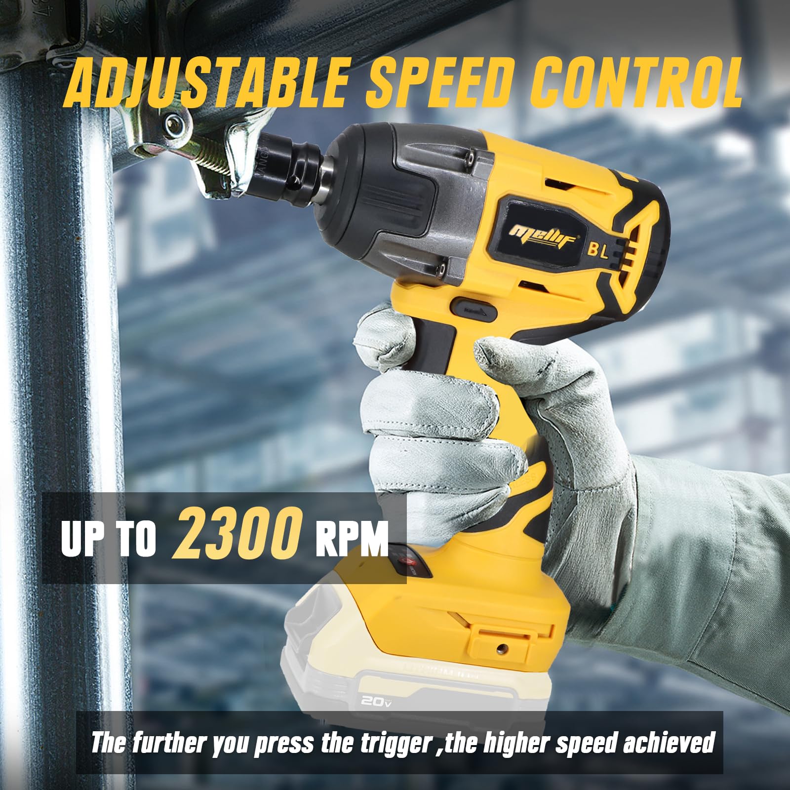 WITLIGHT Cordless Impact Wrench, Compatible w/ 20V Max Battery (NOT Included), Mellif 1/2" High Torque (258Ft.lbs/350N.m) Brushless Impact Driver 3 Speeds & Memory Mode & LED light, Yellow