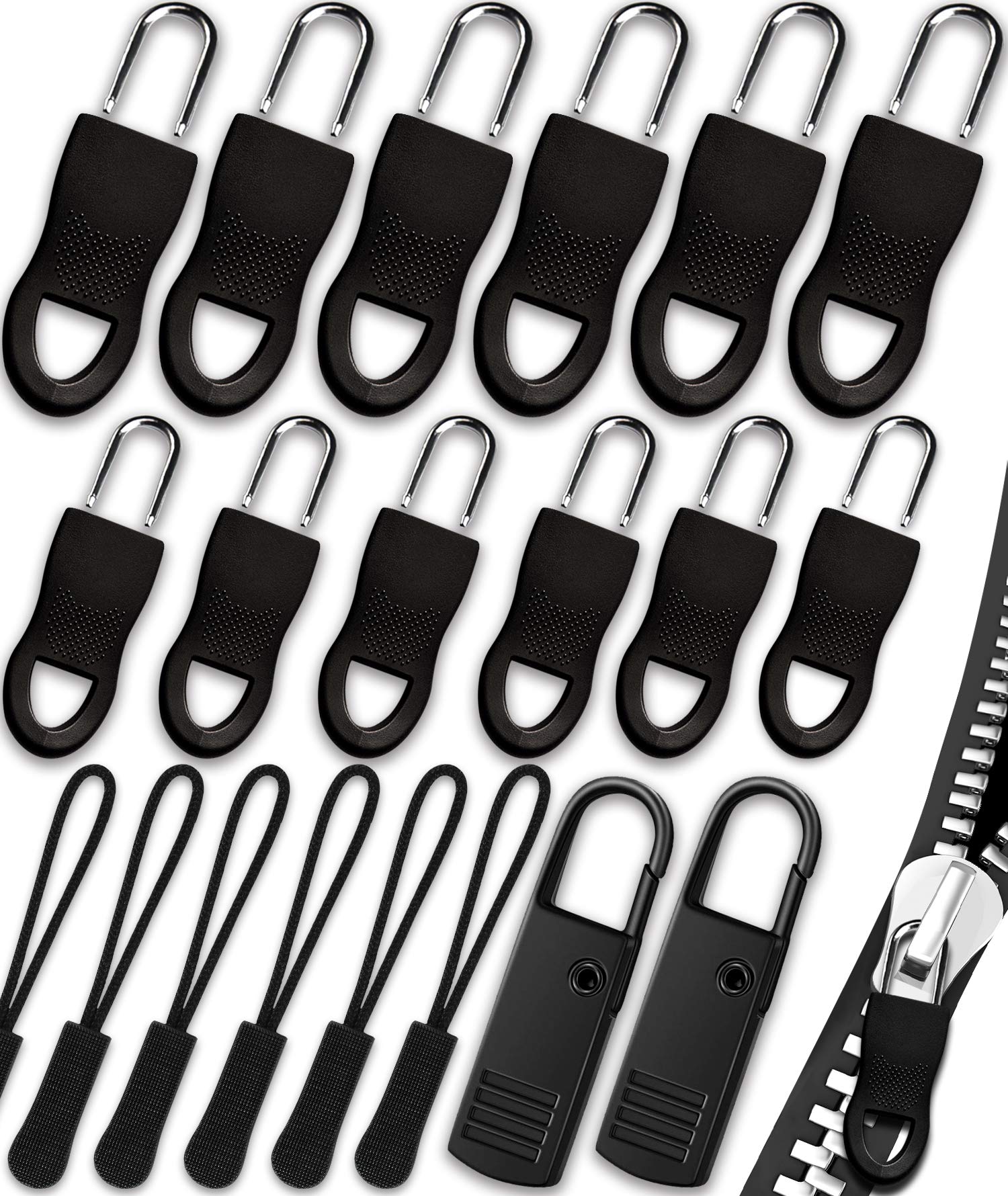 Zipper Pull, Universal Zipper Pull Replacement Kit, Removable Zipper Pulls Tab Replacement (20 Pcs), Black Zipper Pulls for Jackets, Luggage, Backpacks, Purses, Boots, Pants, Tents, (3 Styles 4 Sizes)