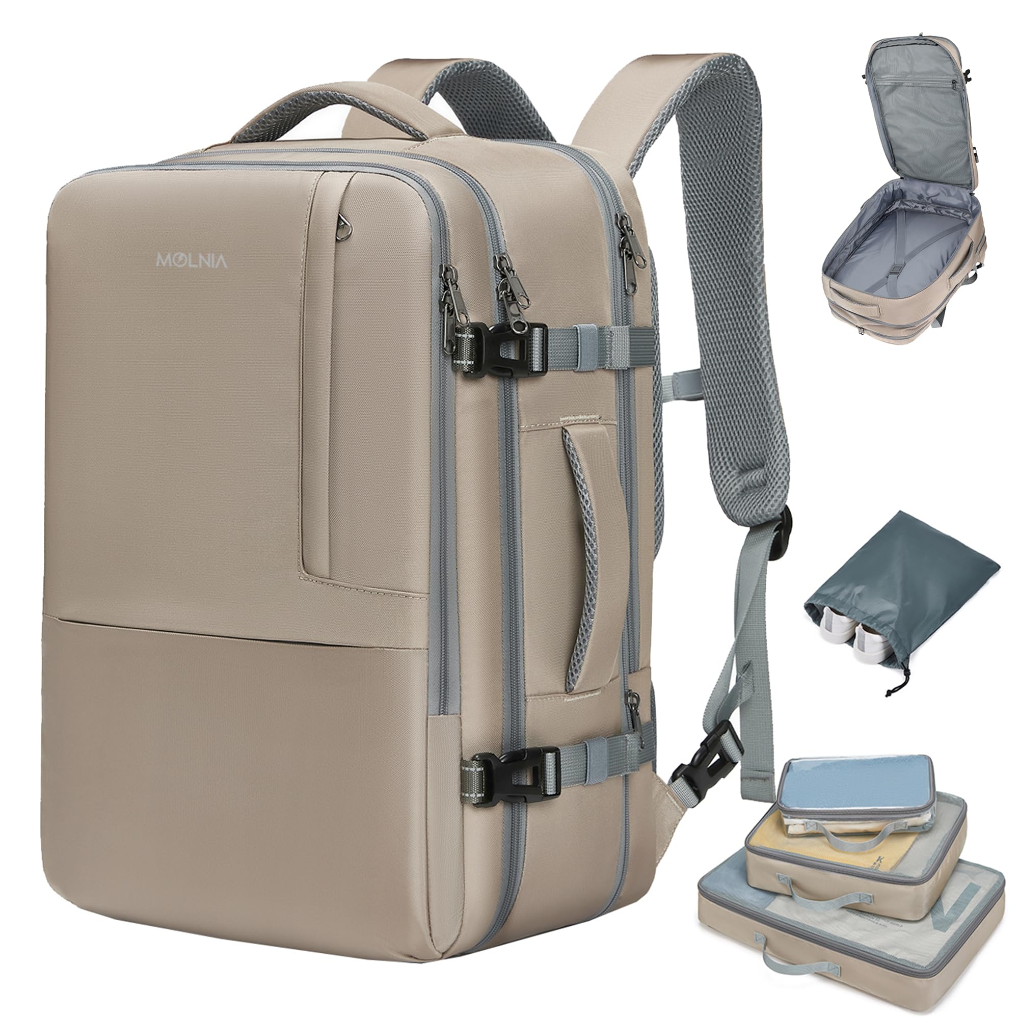 MOLNIA 50L Expandable Travel Backpack for Women Men, Carry On Travel Essentials, Flight Approved Fits 21 Inch Laptop Backpack, Waterproof Business Suitcase Weekender Backpack, Beige
