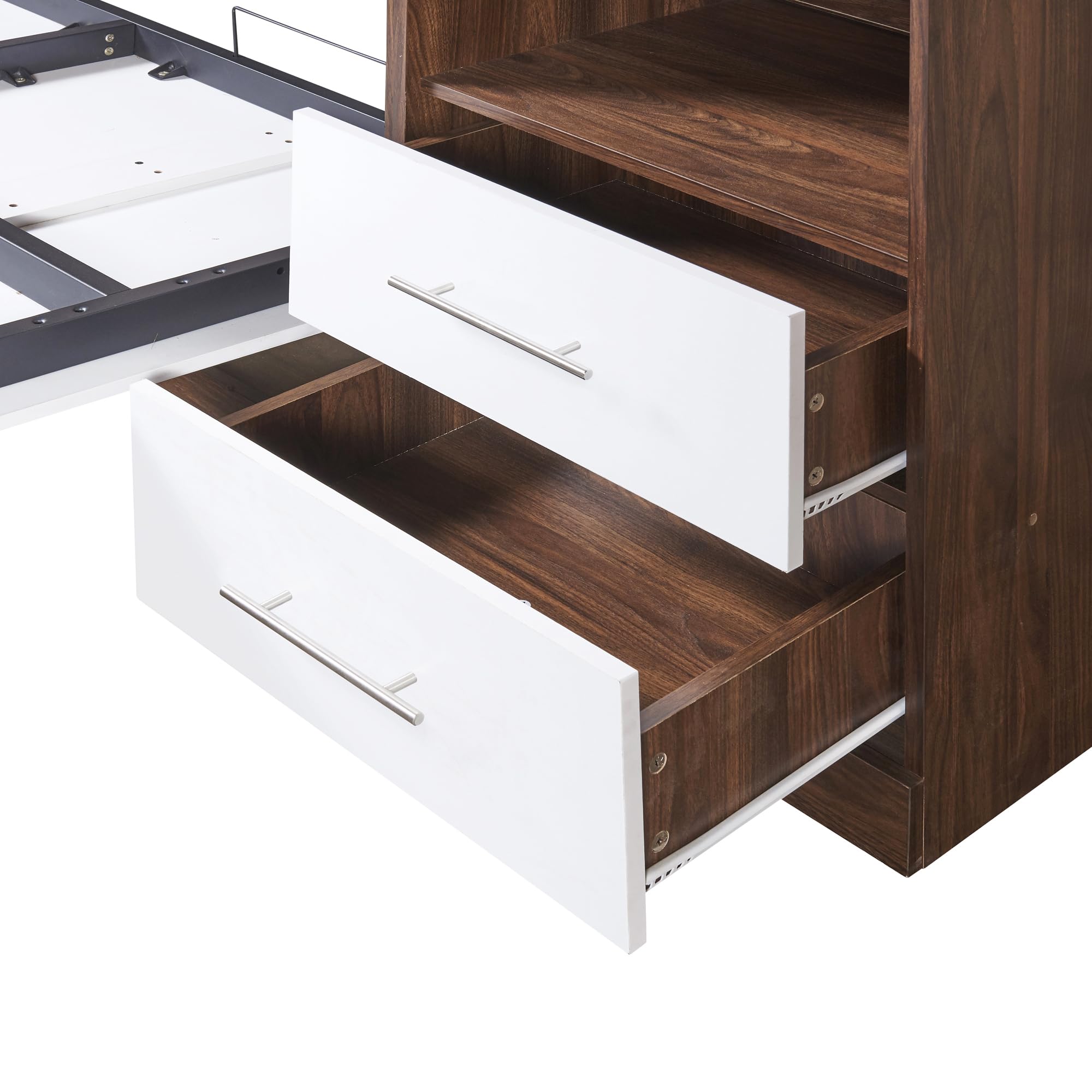 LZ LEISURE ZONE Full Size Murphy Bed, Wood Wall Bed Full Murphy Cabinet Bed with Drawers and Shelves, White+Wood