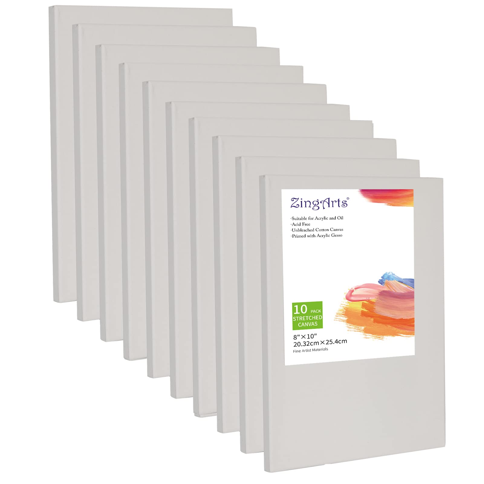 Zingarts Canvases for Painting 8x10Inch 10-Pack,100% Cotton Primed Painting Canvas Panels, Stretched Canvas Boards is for Professionals,Students & Kids, for Acrylic Paint, Oil, Watercolor, Gouache