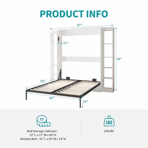BALUS 97" W Murphy Bed with 2 Storage Cabinets, Queen Size Murphy Cube Cabinet Bed, Solid Wood Fold up Horizontal Murphy Wall Bed, Folding Bed Frame for Guest Room Bedroom Apartment - White