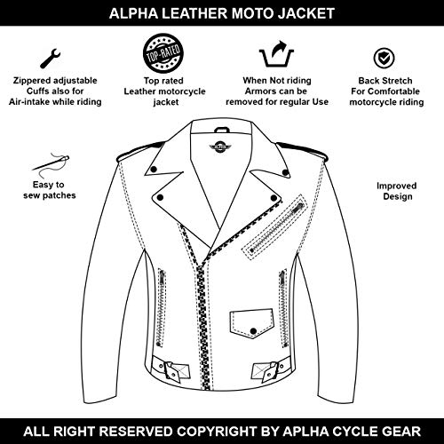 Alpha Black Leather Motorcycle Jacket with Armor for Men - Brando Cafe Racer Biker Jacket Men - 4 Season Riding Jacket with Concealed Carry (CCW), Protective Armor and Black Mesh - 4XL - Black
