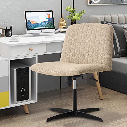 gopop Swivel armless Chair No Wheels,Office Desk Chair with Fabric Padded,Height Adjustable Wide Seat Computer for Home Office,Mid Back Accent Chair (Beige)