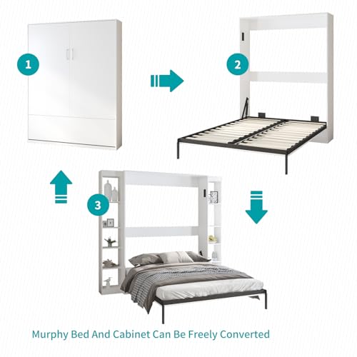 BALUS 97" W Murphy Bed with 2 Storage Cabinets, Queen Size Murphy Cube Cabinet Bed, Solid Wood Fold up Horizontal Murphy Wall Bed, Folding Bed Frame for Guest Room Bedroom Apartment - White