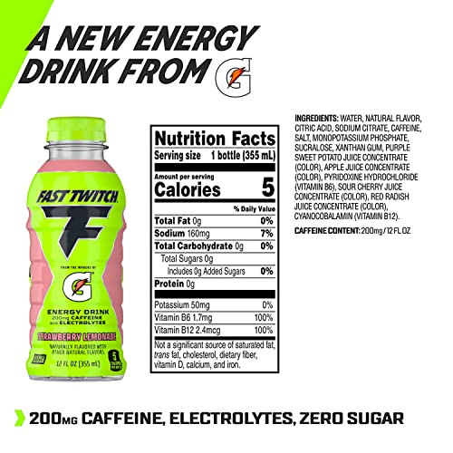 Fast Twitch Energy drink from Gatorade, Strawberry Lemonade, 12oz Bottles, (12 Pack), 200mg Caffeine, Zero Sugar, Electrolytes