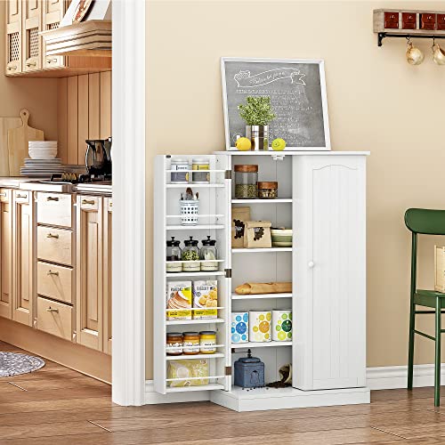 Yusong Kitchen Pantry Storage Cabinet Cupboard with Doors and 6 Adjustable Shelves for Small Space, Farmhouse Pantries Organization Cabinet for Dining Room, Living Room, White