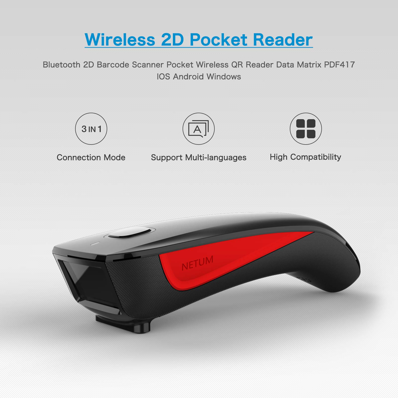 NETUM Bluetooth Mini 2D Barcode Scanner, 3-in-1 Pocket Automatic Wireless QR Bar Code Scanning Work with Windows, Android, iOS, Tablets or Computers - C990