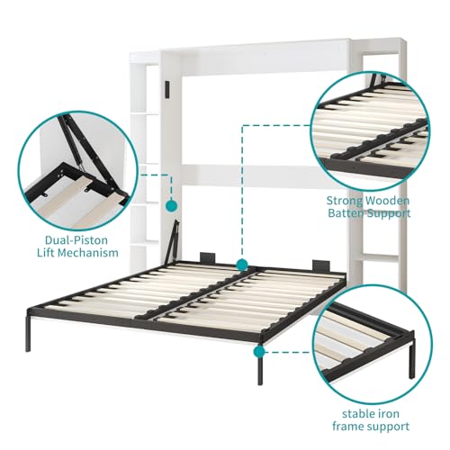 BALUS 97" W Murphy Bed with 2 Storage Cabinets, Queen Size Murphy Cube Cabinet Bed, Solid Wood Fold up Horizontal Murphy Wall Bed, Folding Bed Frame for Guest Room Bedroom Apartment - White