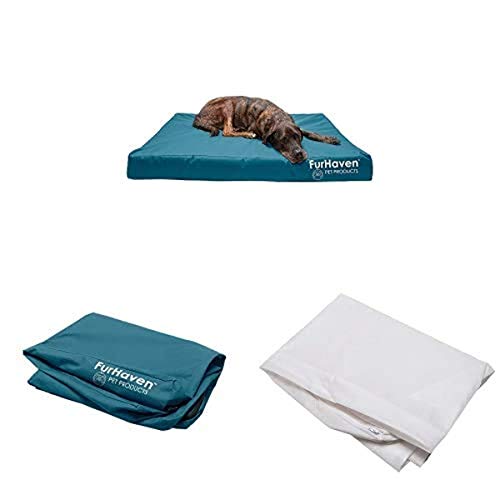 Furhaven Pet Bundle - Jumbo Plus Deep Lagoon Deluxe Memory Foam Water-Resistant Indoor Outdoor Logo Print Mattress, Extra Dog Bed Cover, & Water-Resistant Mattress Liner for Dogs & Cats