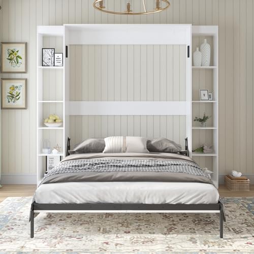 BALUS 97" W Murphy Bed with 2 Storage Cabinets, Queen Size Murphy Cube Cabinet Bed, Solid Wood Fold up Horizontal Murphy Wall Bed, Folding Bed Frame for Guest Room Bedroom Apartment - White