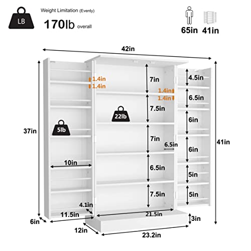 Yusong Kitchen Pantry Storage Cabinet Cupboard with Doors and 6 Adjustable Shelves for Small Space, Farmhouse Pantries Organization Cabinet for Dining Room, Living Room, White