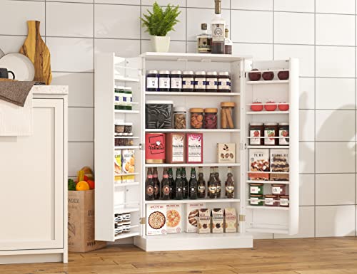 Yusong Kitchen Pantry Storage Cabinet Cupboard with Doors and 6 Adjustable Shelves for Small Space, Farmhouse Pantries Organization Cabinet for Dining Room, Living Room, White