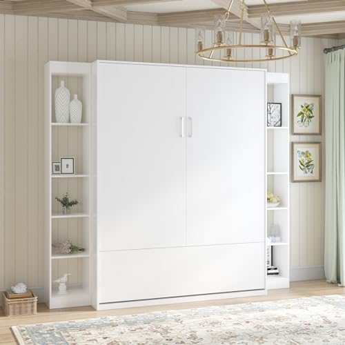 BALUS 97" W Murphy Bed with 2 Storage Cabinets, Queen Size Murphy Cube Cabinet Bed, Solid Wood Fold up Horizontal Murphy Wall Bed, Folding Bed Frame for Guest Room Bedroom Apartment - White