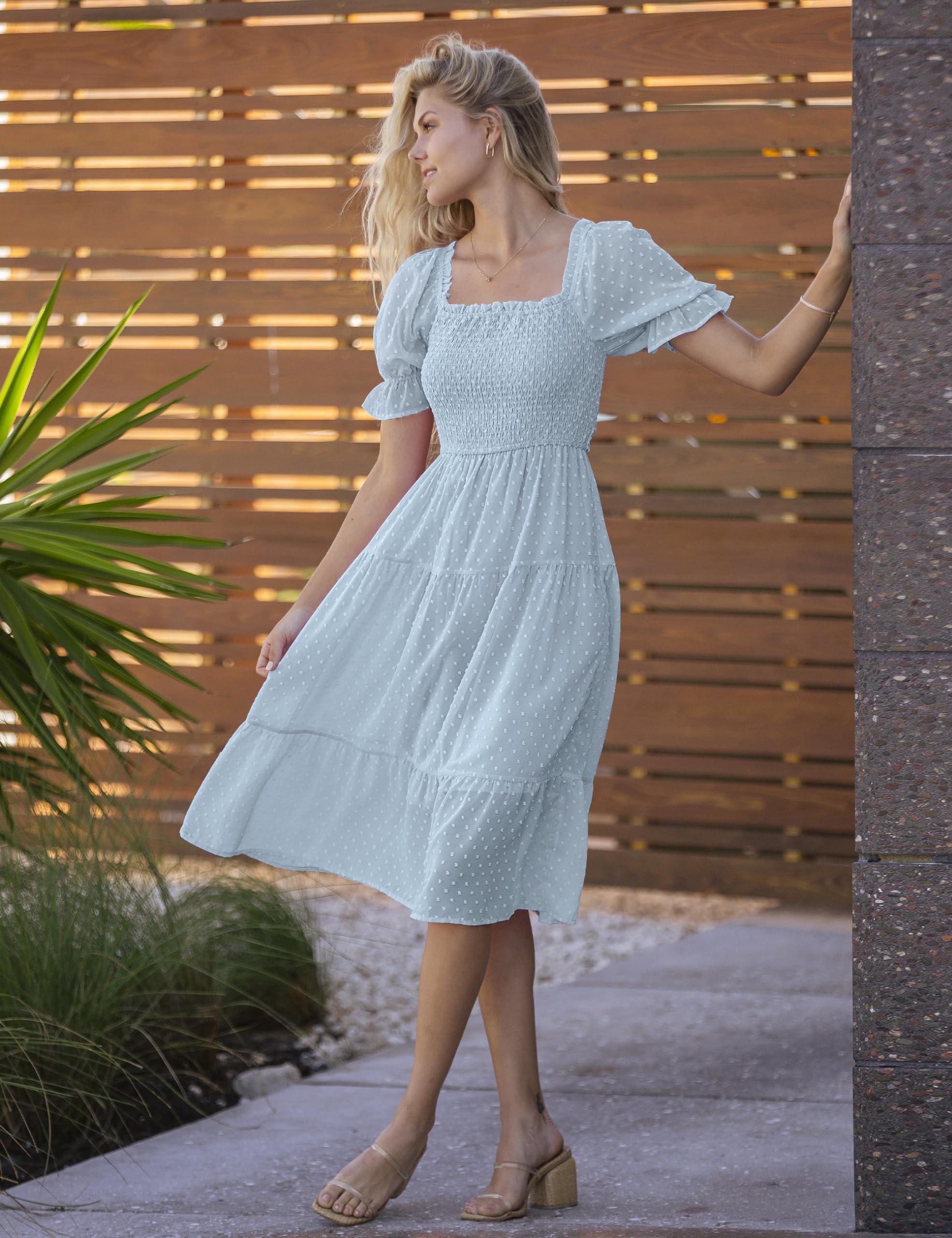 MEROKEETY Women's 2023 Summer Casual Bubble Sleeve Smocked Boho A-Line Pleated Chiffon Dresses, Blue, L