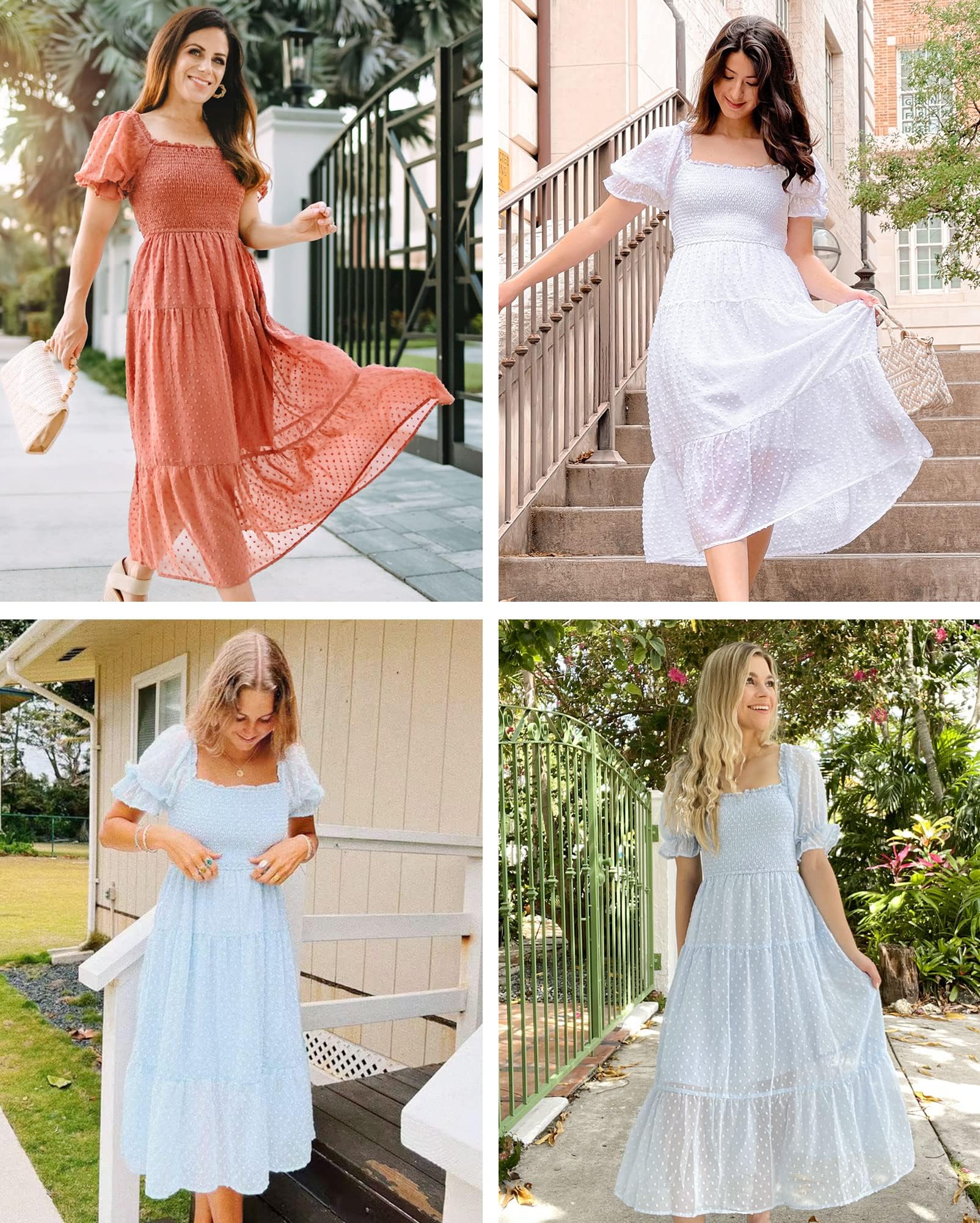 MEROKEETY Women's 2023 Summer Casual Bubble Sleeve Smocked Boho A-Line Pleated Chiffon Dresses, Blue, L