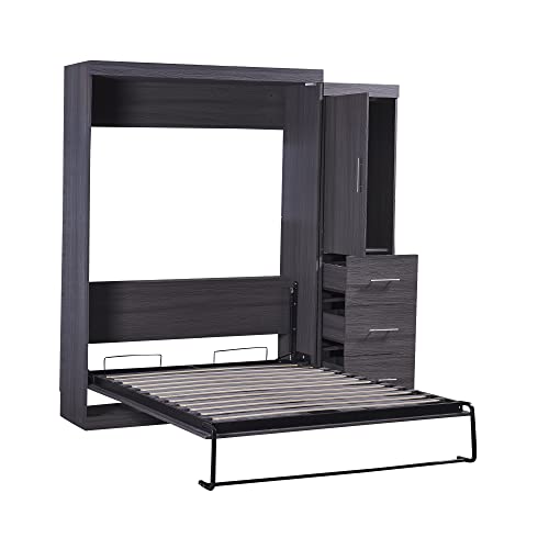 HBRR Full Size Murphy Chest, Can be Folded into a Cabinet, Space-Saving Wall Bed for Multipurpose Guest Room or Home Office, Gray w/3 Storage Drawers and Wardrobe