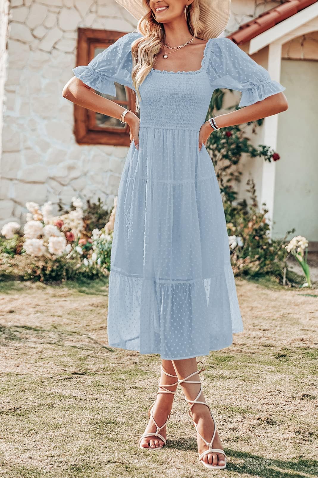 MEROKEETY Women's 2023 Summer Casual Bubble Sleeve Smocked Boho A-Line Pleated Chiffon Dresses, Blue, L