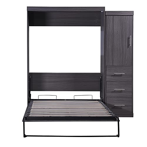 HBRR Full Size Murphy Chest, Can be Folded into a Cabinet, Space-Saving Wall Bed for Multipurpose Guest Room or Home Office, Gray w/3 Storage Drawers and Wardrobe
