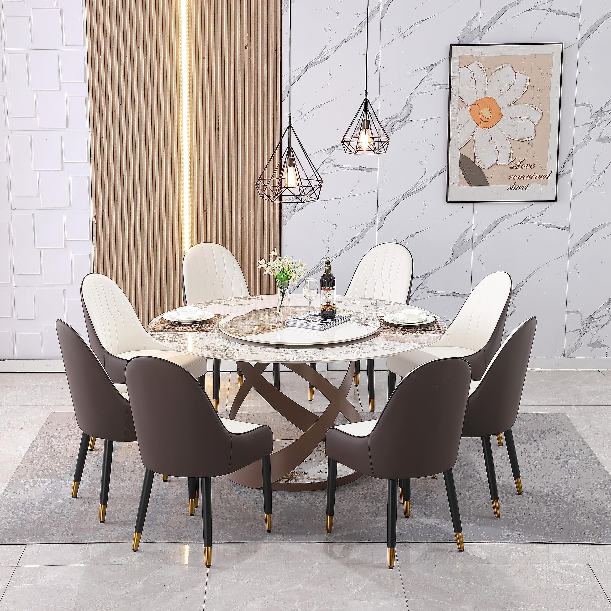 Montary 9 Piece Dining Table Set, Modern Dining Table Set of 8, Round 59" D Faux Marble Dining Table with Lazy Susan, Sintered Stone Dining Table with 8 Dining Chairs, for Dining Room