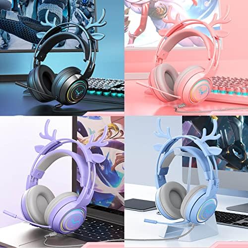 Atrasee Stereo Gaming Headset for PS4 PC Xbox One PS5 Controller, Noise Cancelling Over Ear Headphones with Mic, LED Light, Bass Surround, Soft Memory Earmuffs for Laptop Mac Nintendo (Blue Antlers)