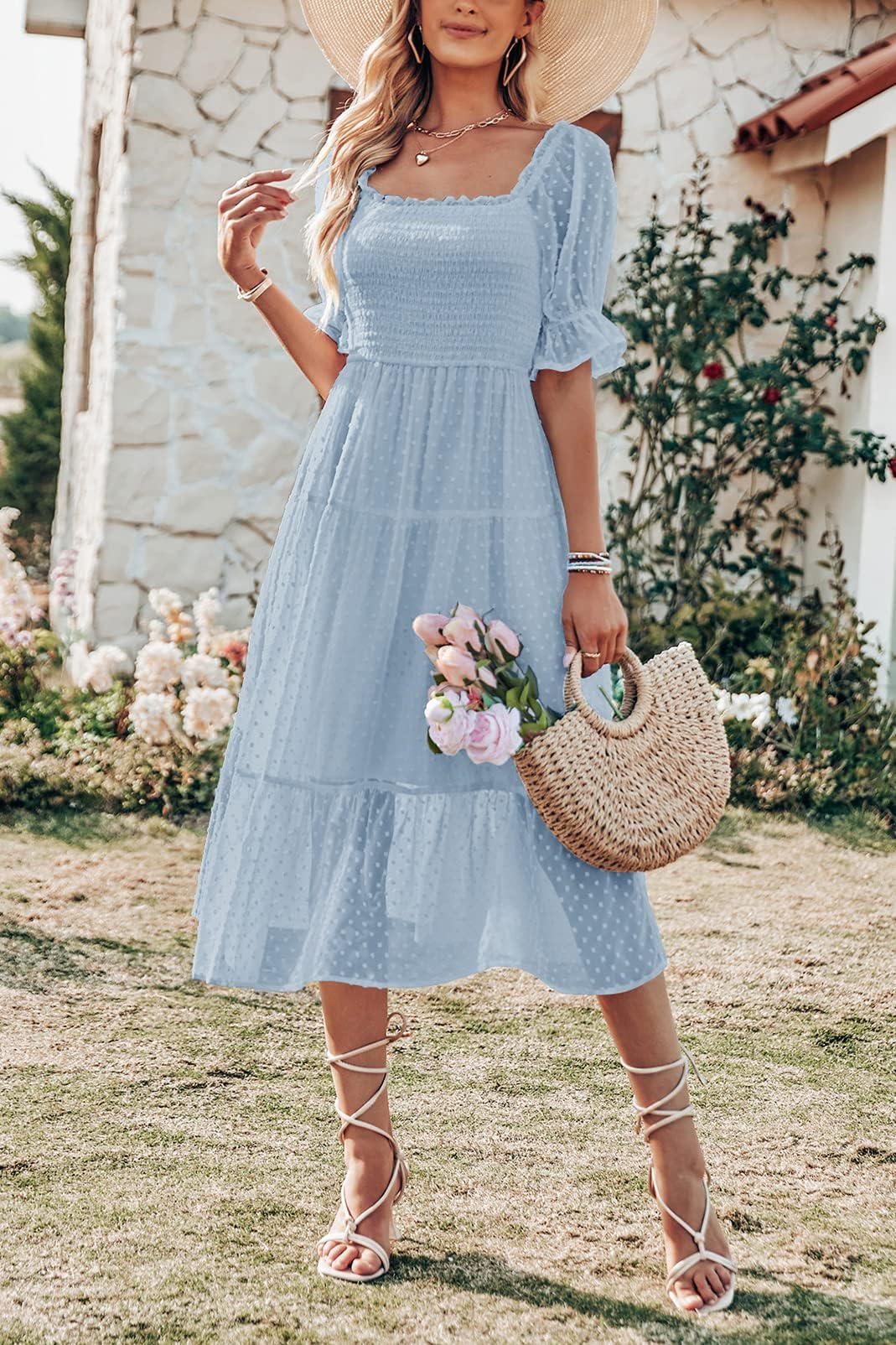 MEROKEETY Women's 2023 Summer Casual Bubble Sleeve Smocked Boho A-Line Pleated Chiffon Dresses, Blue, L