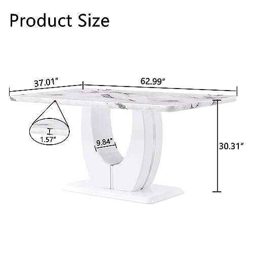 White Marble Dining Table for 4-6, Modern Kitchen Dining Room Table with Faux Marble Top and U Shape Wood Pedestal Base, 63" Rectangular Dining Table for Dining Room Kitchen Living Room