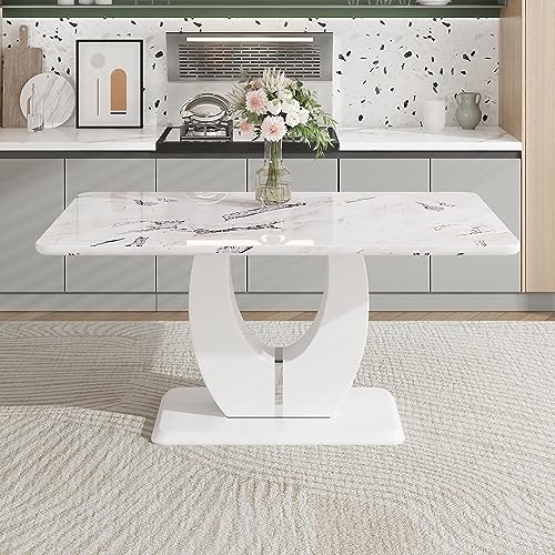 White Marble Dining Table for 4-6, Modern Kitchen Dining Room Table with Faux Marble Top and U Shape Wood Pedestal Base, 63" Rectangular Dining Table for Dining Room Kitchen Living Room