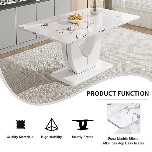 White Marble Dining Table for 4-6, Modern Kitchen Dining Room Table with Faux Marble Top and U Shape Wood Pedestal Base, 63" Rectangular Dining Table for Dining Room Kitchen Living Room