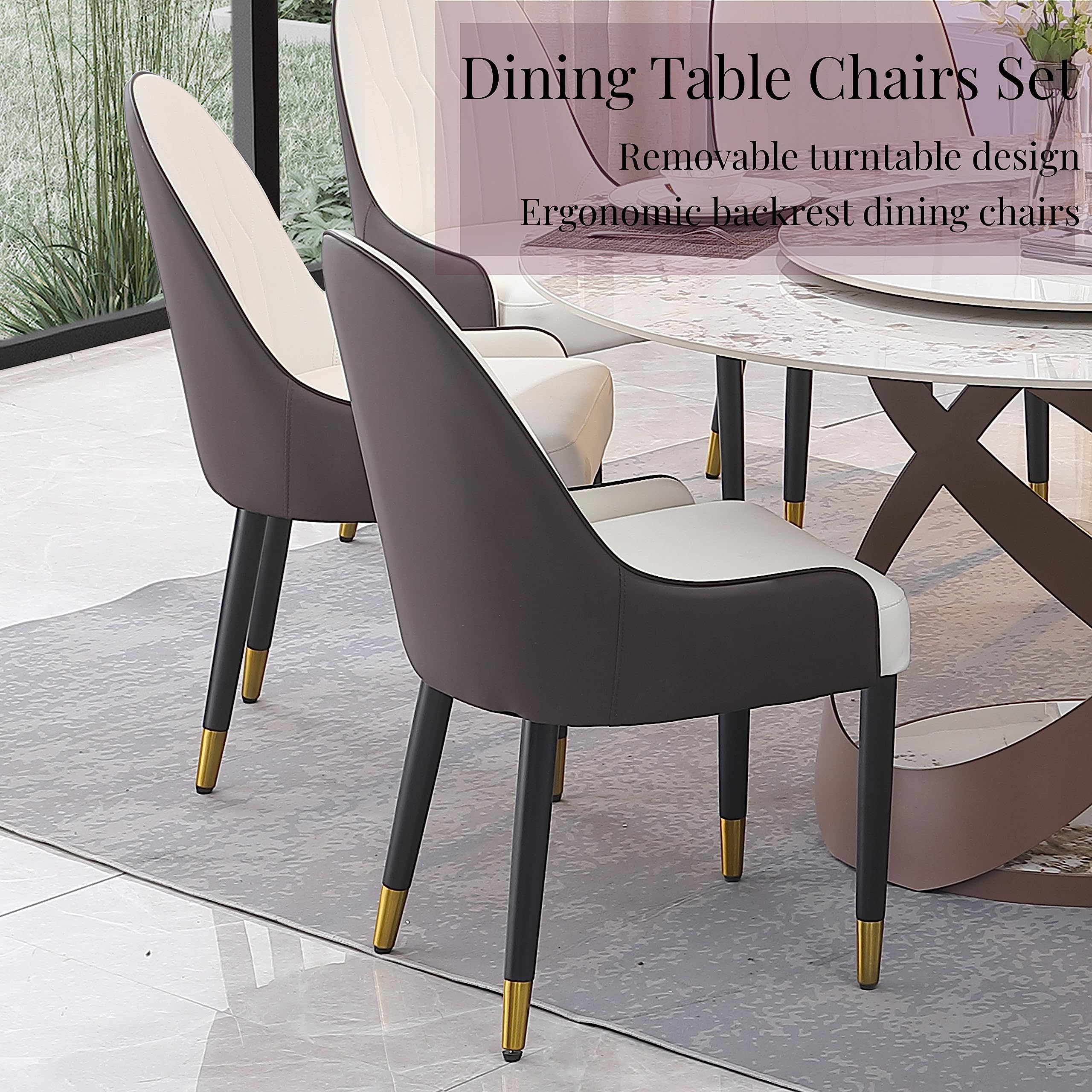 Montary 9 Piece Dining Table Set, Modern Dining Table Set of 8, Round 59" D Faux Marble Dining Table with Lazy Susan, Sintered Stone Dining Table with 8 Dining Chairs, for Dining Room