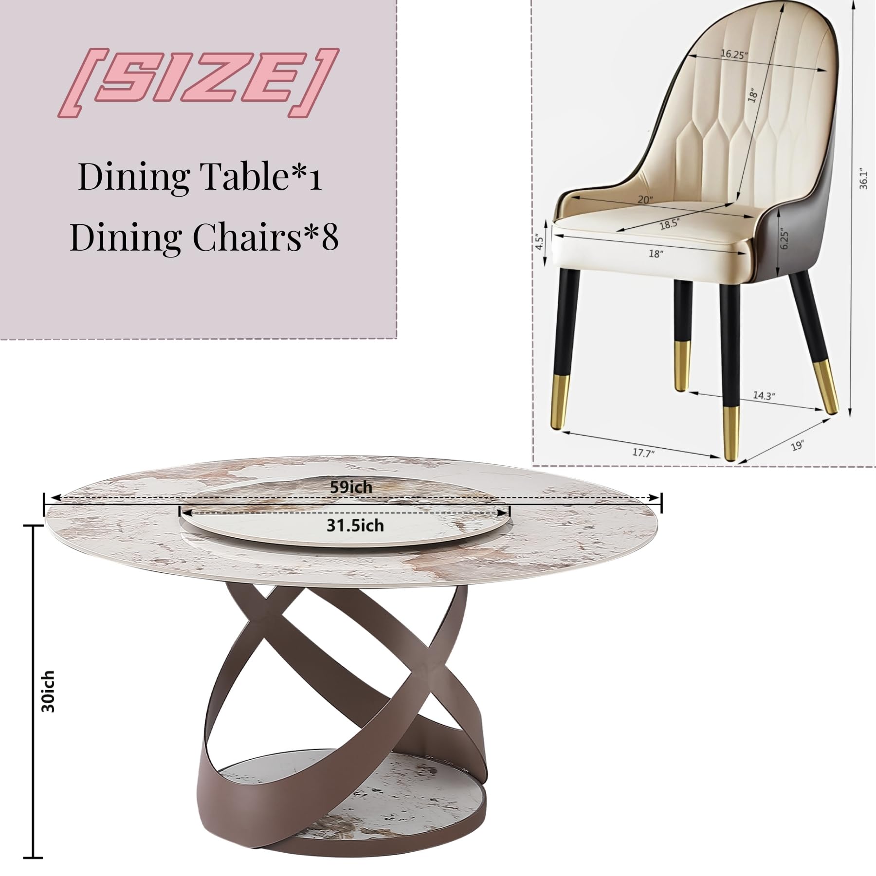 Montary 9 Piece Dining Table Set, Modern Dining Table Set of 8, Round 59" D Faux Marble Dining Table with Lazy Susan, Sintered Stone Dining Table with 8 Dining Chairs, for Dining Room