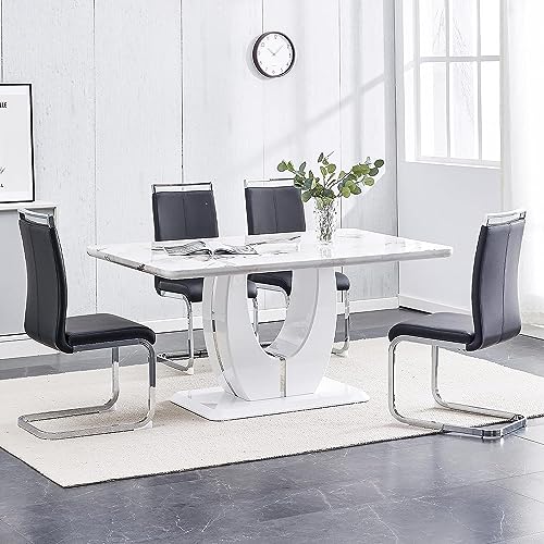 White Marble Dining Table for 4-6, Modern Kitchen Dining Room Table with Faux Marble Top and U Shape Wood Pedestal Base, 63" Rectangular Dining Table for Dining Room Kitchen Living Room
