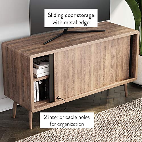 Nathan James Liam Modern Mid-Century TV Stand, Media Console or Entertainment Cabinet with Sliding Doors, Oak